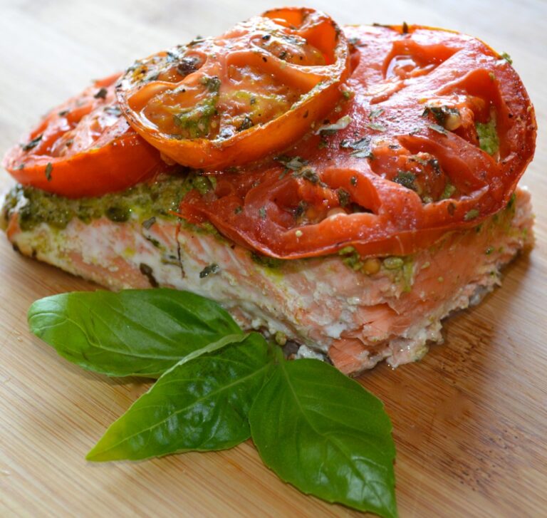 Mediterranean Recipe of Roasted Tomato Walnut Pesto Salmon - Dr. Janet ...